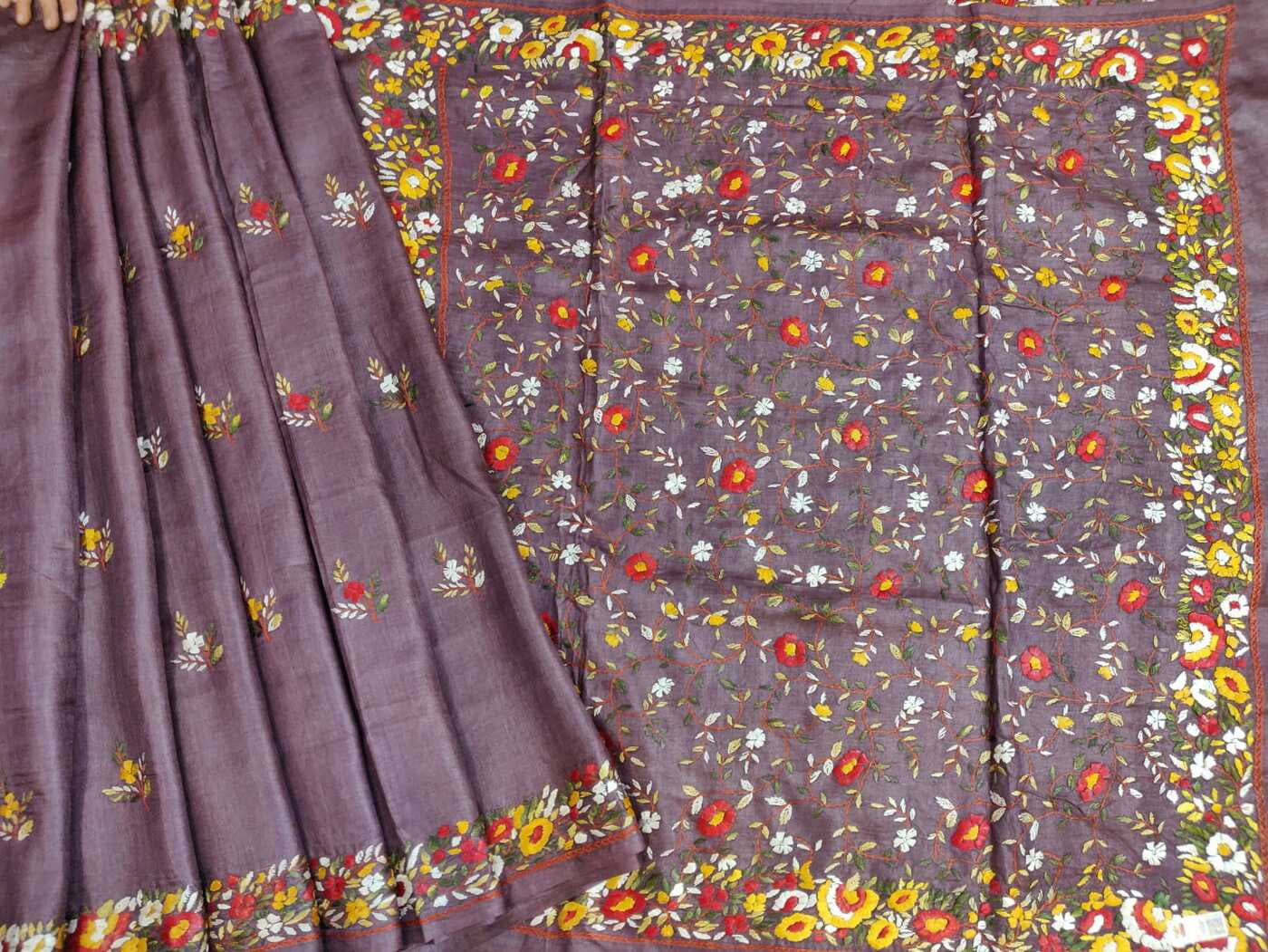Jamun color hand crafted Parsi embroidery on pure desi Tassar
