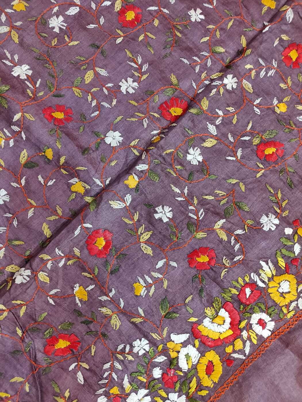 Jamun color hand crafted Parsi embroidery on pure desi Tassar